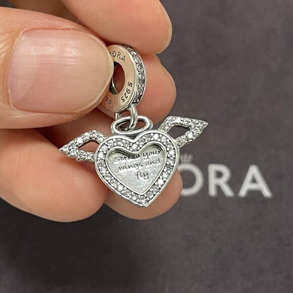 Pandora | Jewelry | Pandora Heart And Angel Wings Dangle Charm | Poshmark